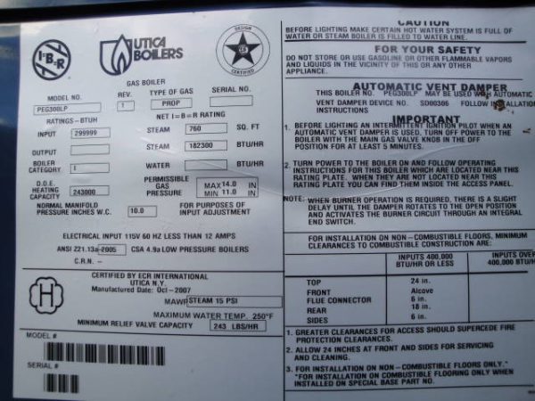 UTICA GAS FIRED STEAM BOILER MODEL PEG-300LP - Wohl Associates